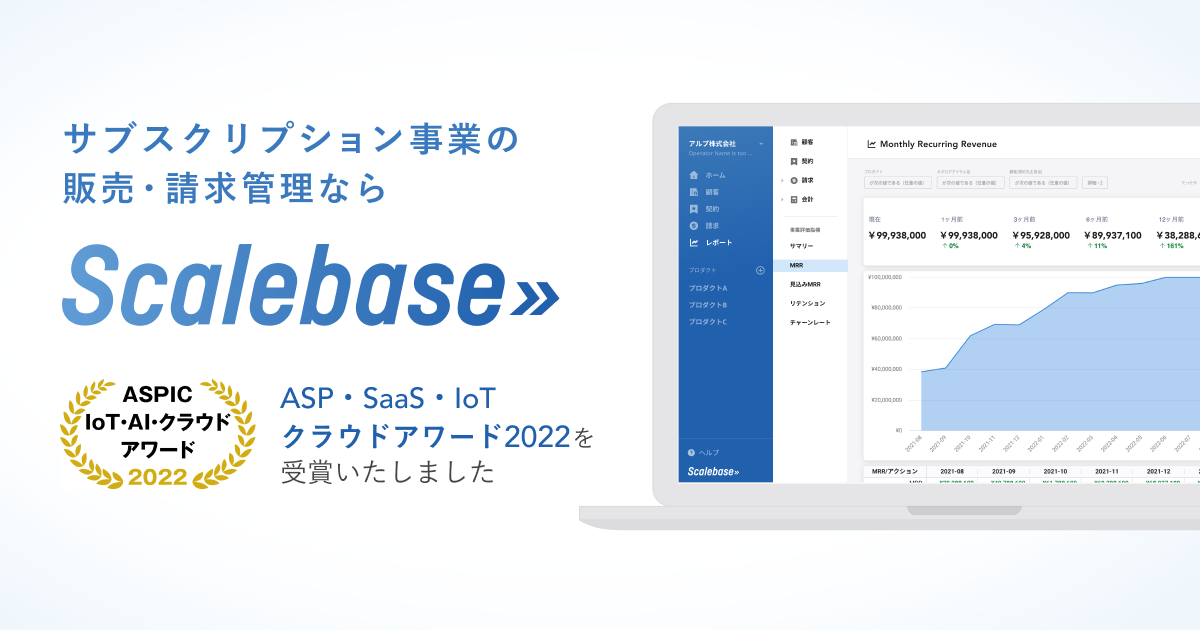 BtoBサブスク管理の「Scalebase」が、「第16回ASPIC IoT・AI・クラウドアワード2022」において「奨励賞」を受賞 - Scalebase